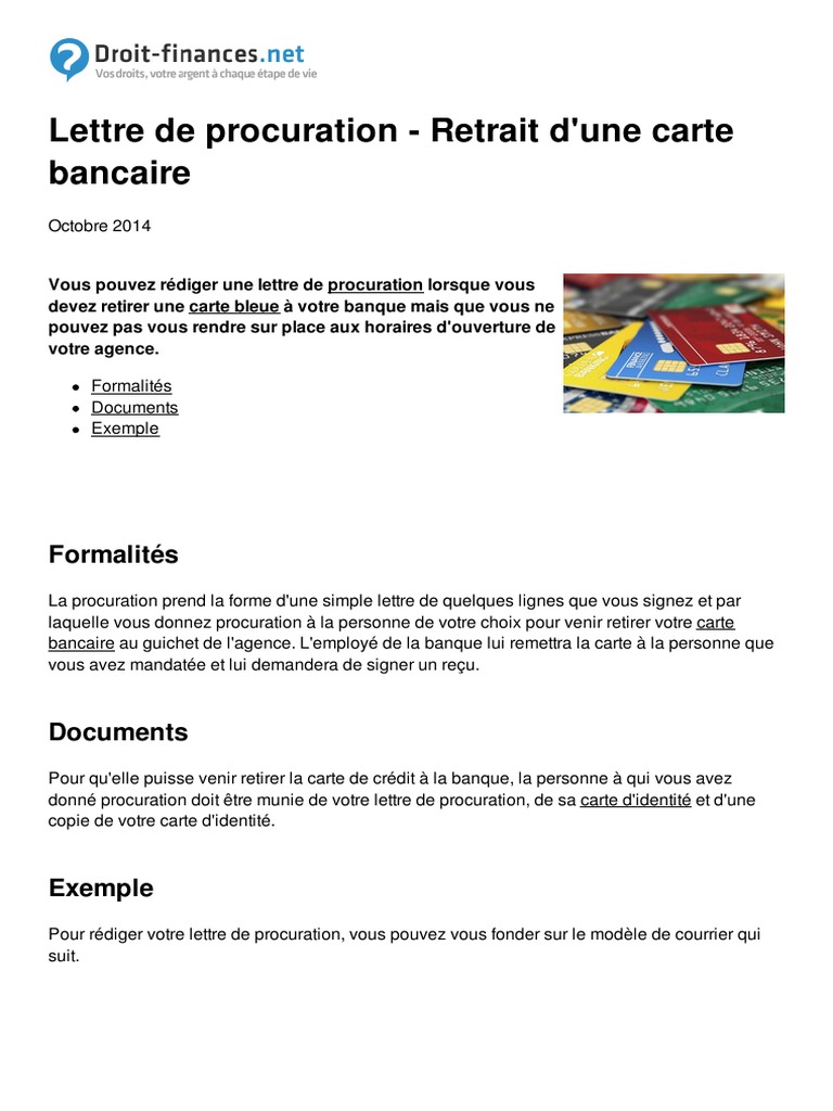 Lettre de Procuration Retrait D Une Carte Bancaire 41444 Nd14yn | PDF