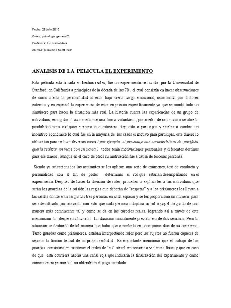 Analisis de La Pelicula El Experimento | PDF | Comportamiento | Familia
