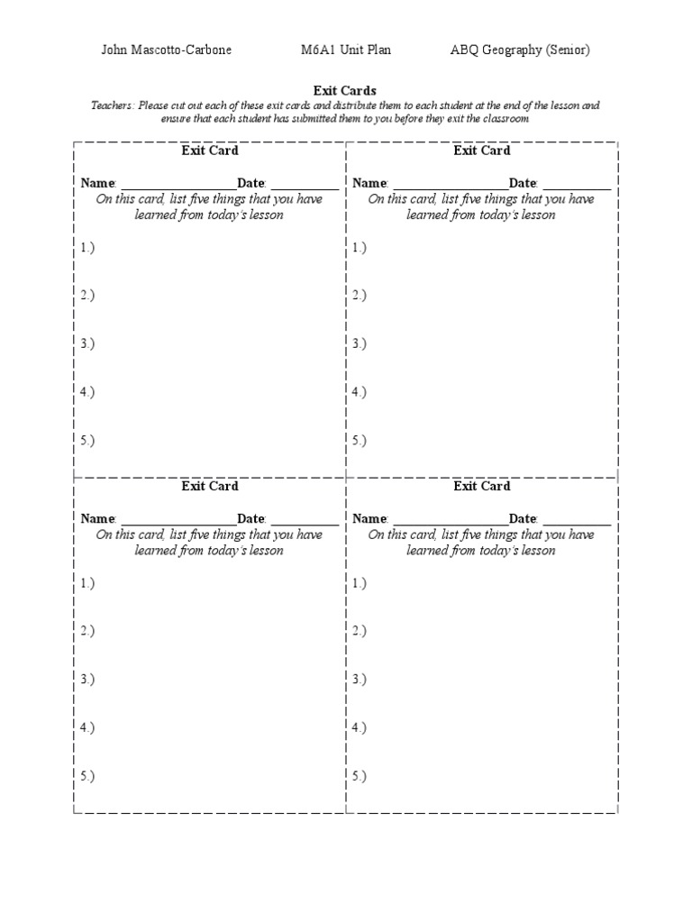 Exit Cards | PDF | Teaching Methods & Materials