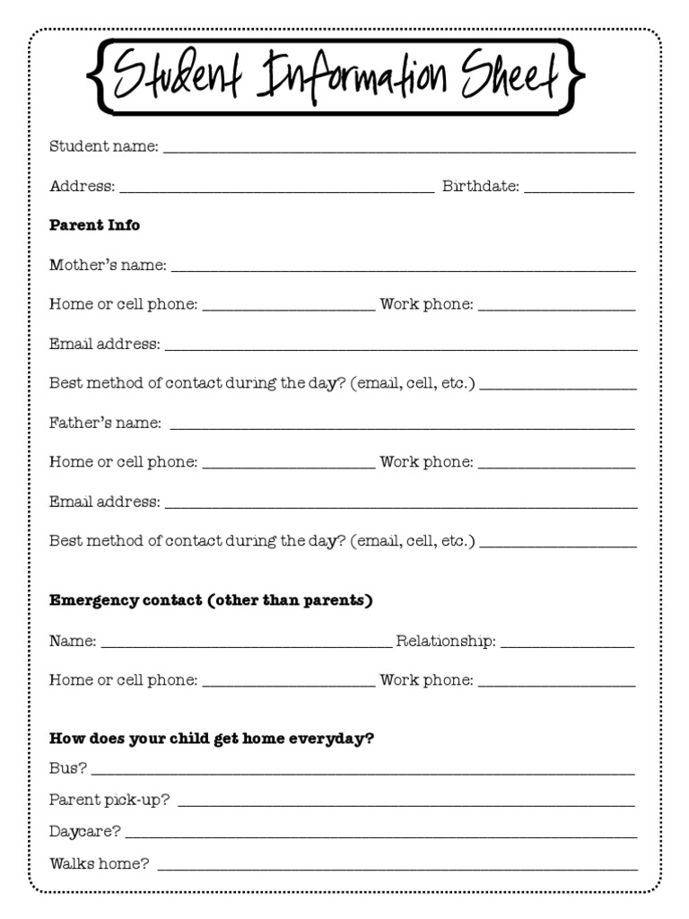Student Information Sheet: Parent Info | PDF