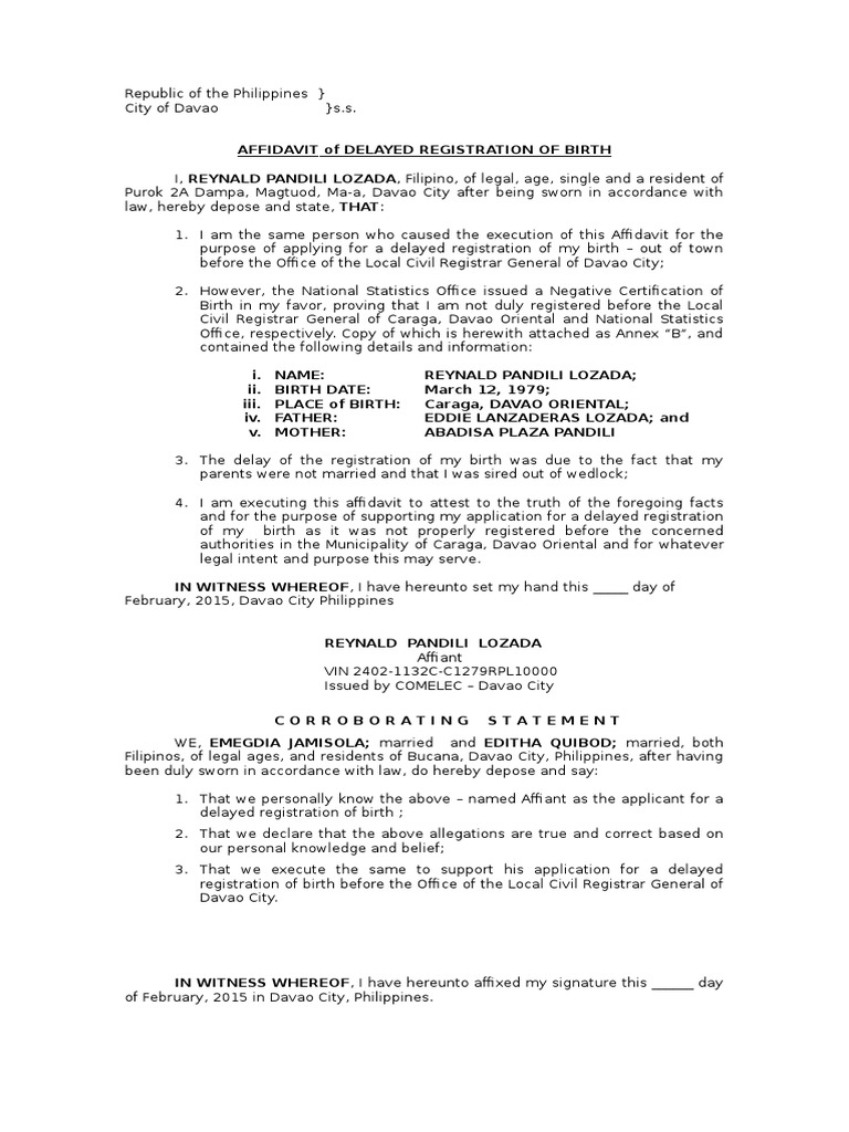 Affidavit for Delayed Birth Registration | PDF | Affidavit | Civil Law ...