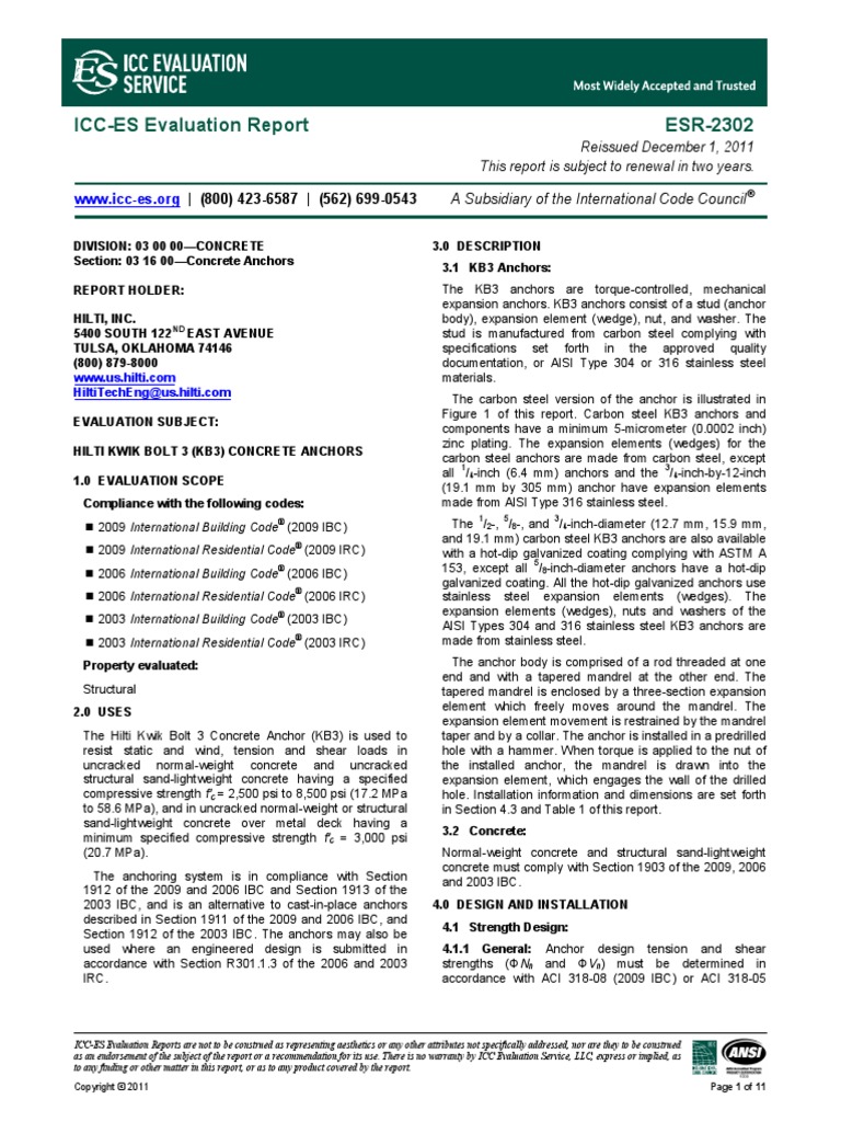 Icc Esr-2302 Kb3 Concrete | PDF | Galvanization | Strength Of Materials