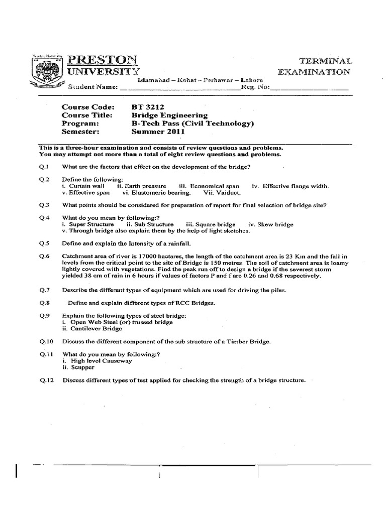 Bridge Engineering Exam Questions | PDF