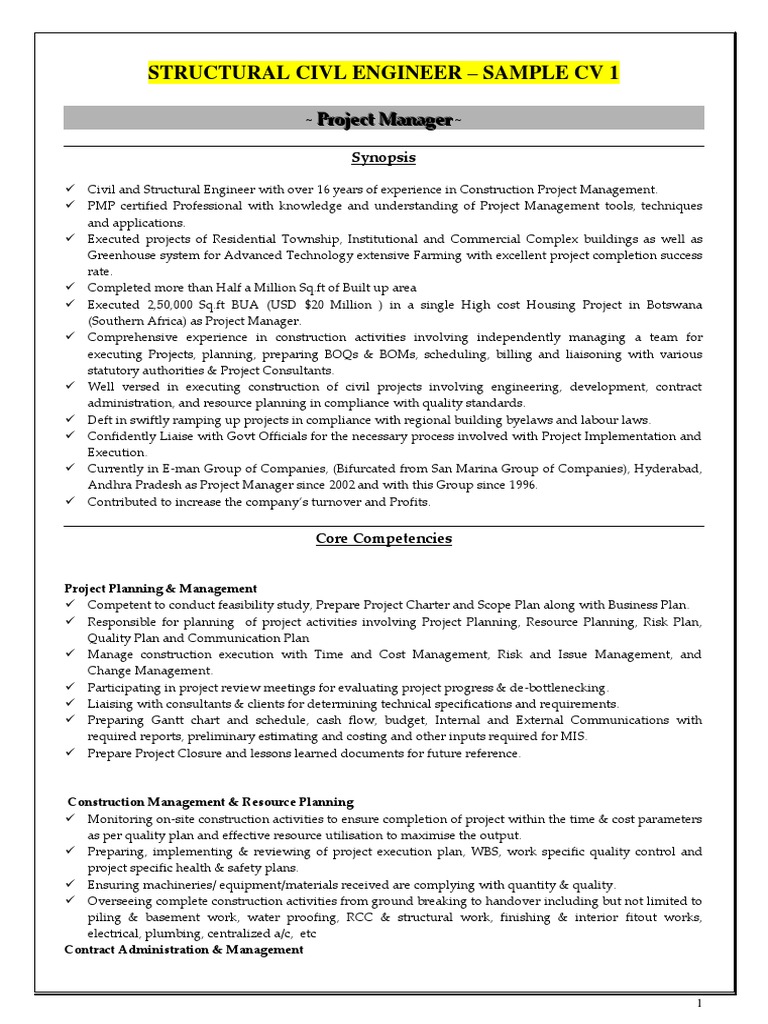 Structural Civil Engineer - Sample CV 1 | PDF | Construction Management ...
