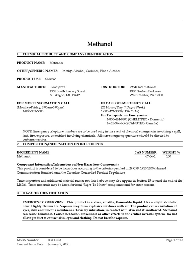 Msds Methanol BDH | PDF | Dangerous Goods | Carbon Dioxide