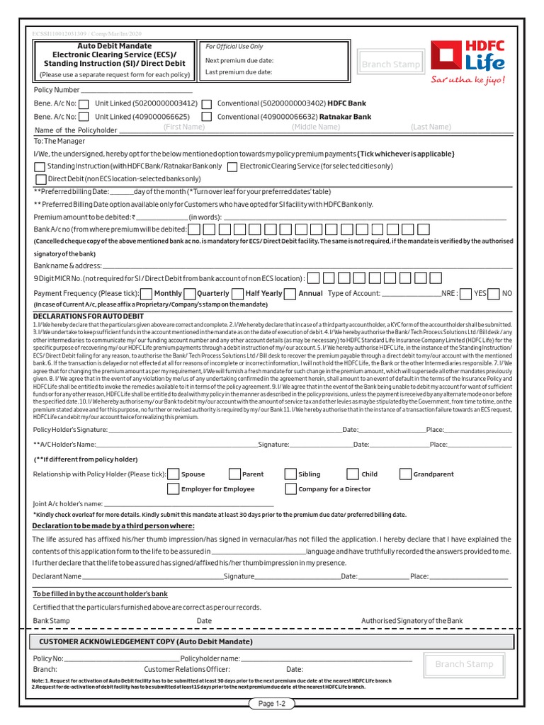 Mandate Form for Auto Debit HDFC elife | Debit Card | Insurance | Free ...