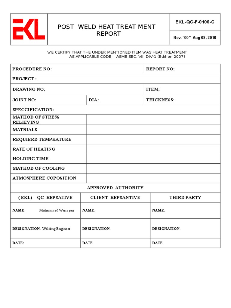 Post Weld Heat Treatment Certification Report | PDF