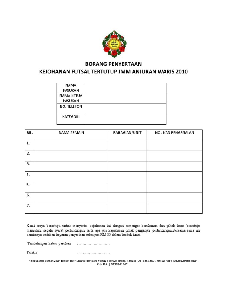 Borang Penyertaan Kejohanan Futsal Tertutup JMM Anjuran | PDF