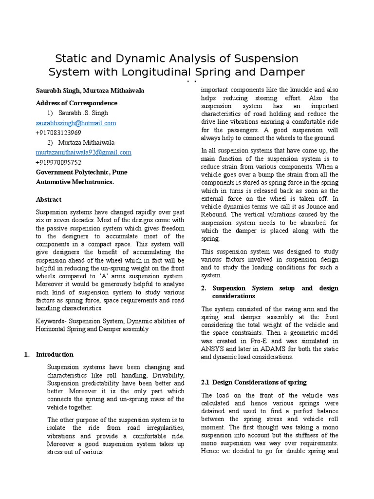 Static and Dynamic Analysis of Suspension System With Longitudinal ...