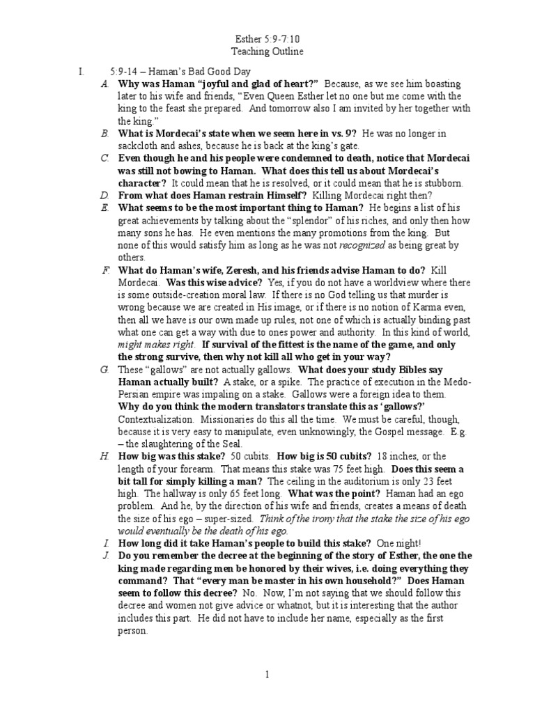 Esther 5:9-7:10 Teaching Outline | Book Of Esther | Hebrew Language Names