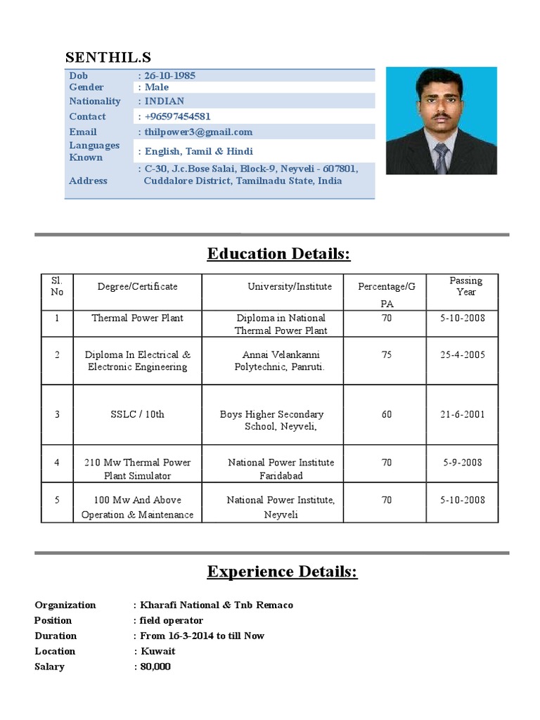 Senthil Resume | Download Free PDF | Power Station | Mechanical Fan