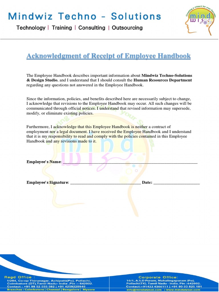 Acknowledgement of Employee Handbook | PDF
