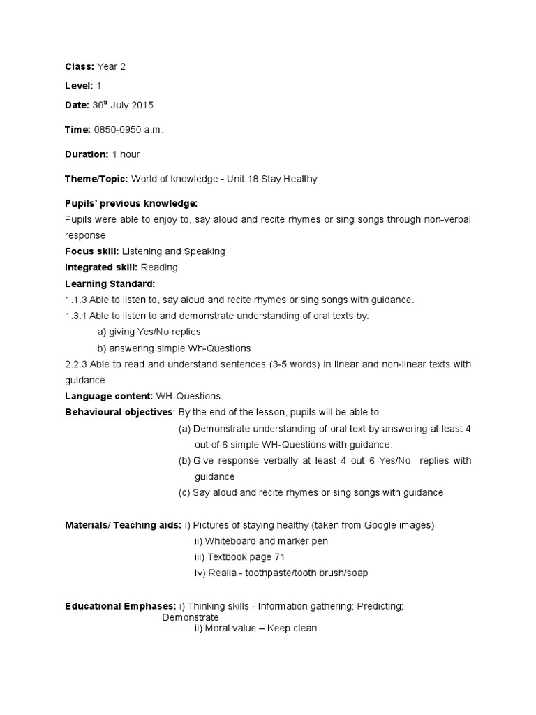 LessonPlan Year 1 Unit 18 | PDF | Lesson Plan | Question