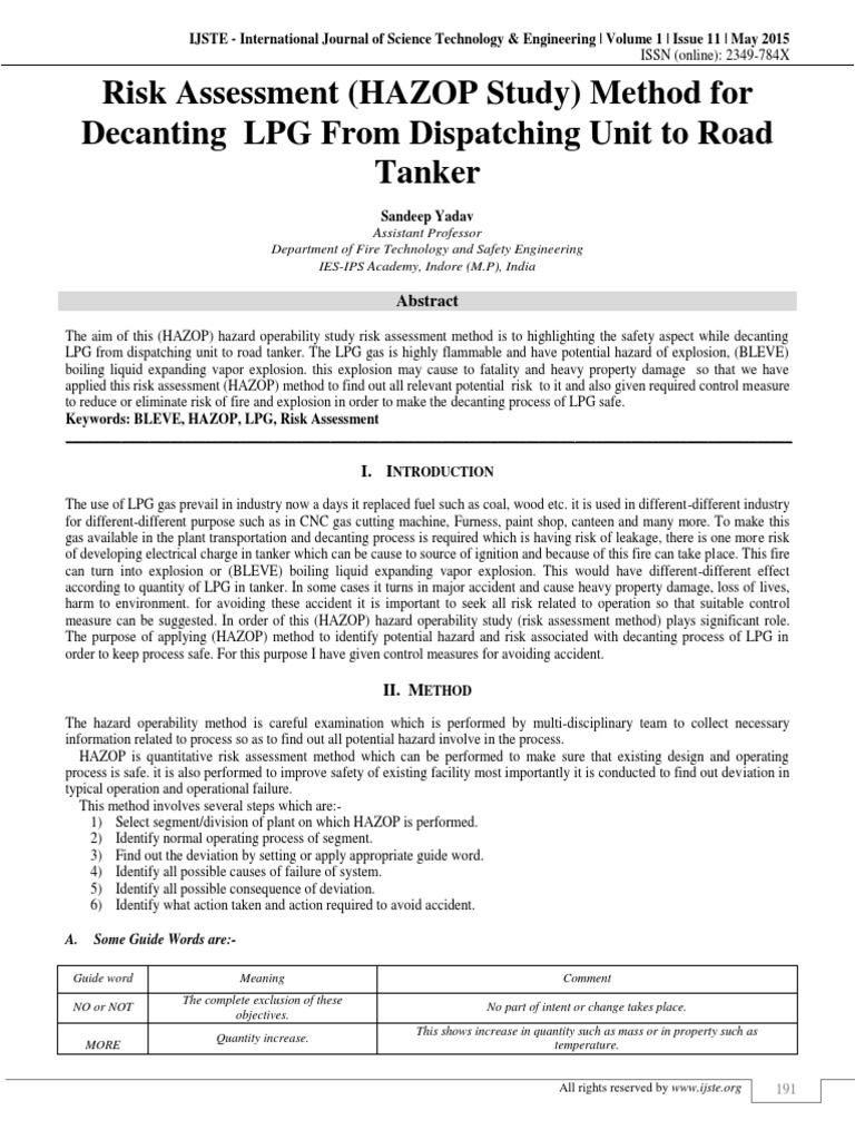 Risk Assessment (HAZOP Study) Method for Decanting LPG from Dispatching ...