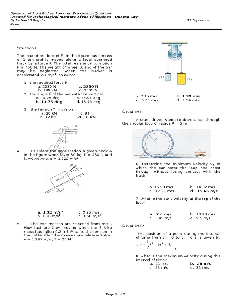 Dynamics Exam Questions and Solutions | PDF | Acceleration | Mass