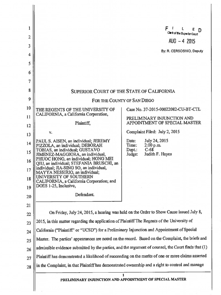 Preliminary Injunction in UCSD v. USC | Injunction | Lawsuit