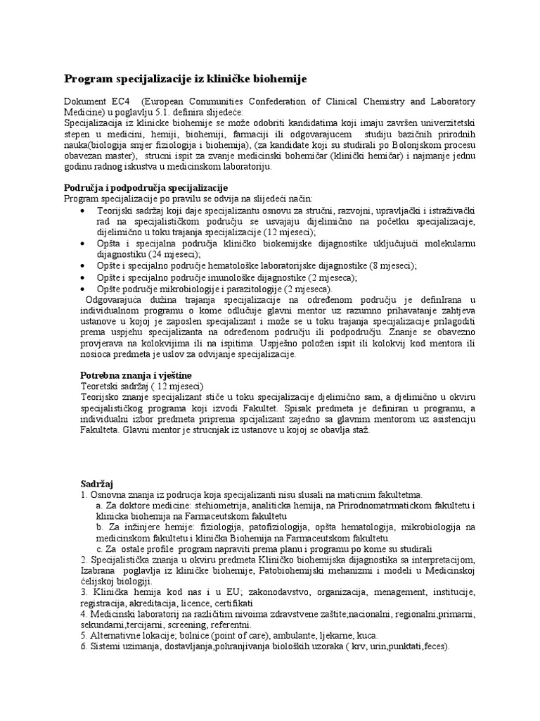 Program Specijalizacije Iz Kliničke Biokemije | PDF