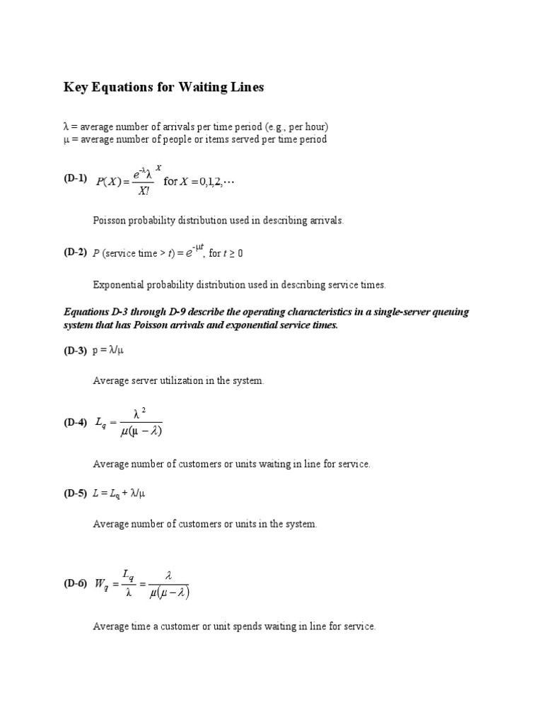 Key Equations Waiting Lines | PDF | Poisson Distribution | Teaching ...