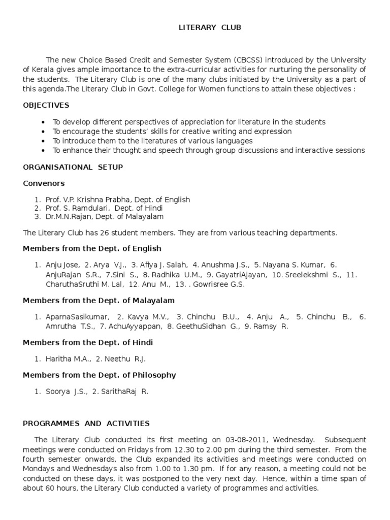 Cbcss Report of The Literary Club Activities | PDF | Poetry | Writers