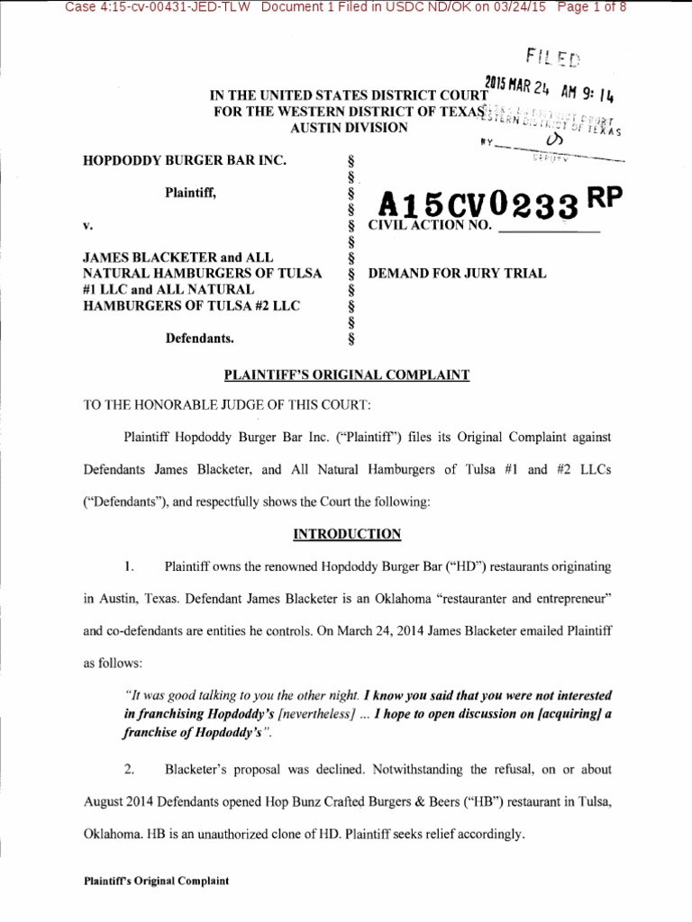 HopDoddy Burger Trademark Complaint PDF | PDF | Trademark | Copyright ...