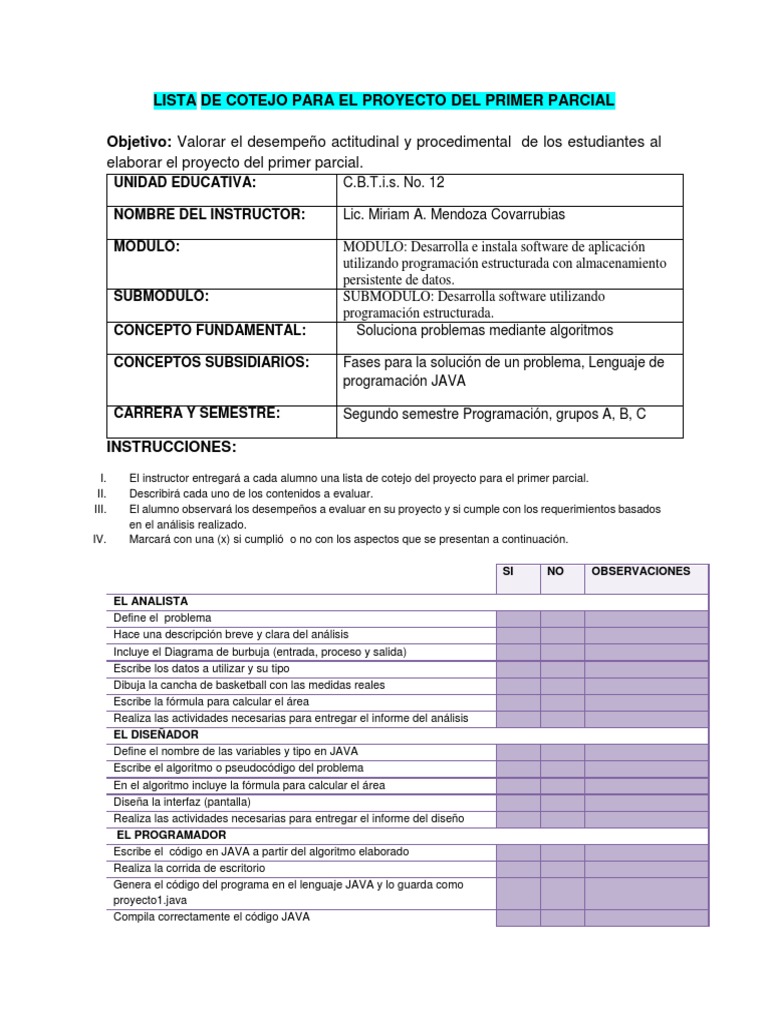 Lista de Cotejo Primer Parcial | PDF | Programación de computadoras | Java (lenguaje de ...