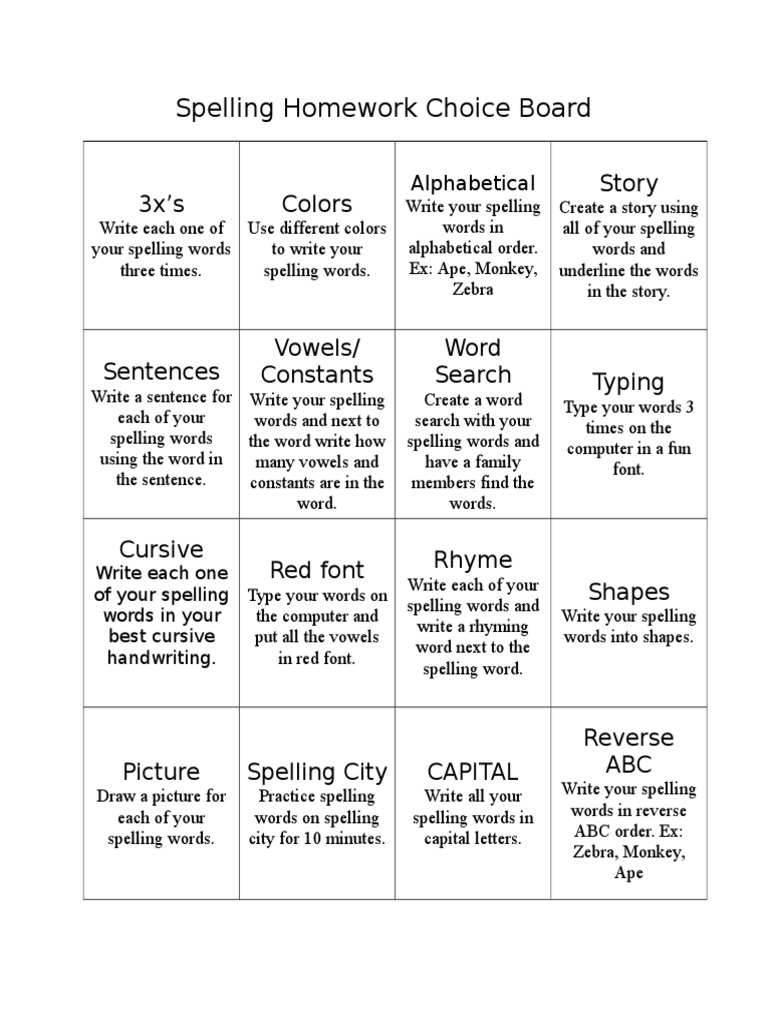 Spelling Choice Board | PDF