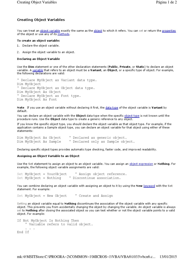Creating Object Variables Object Variable Object Properties Methods Pdf Object Computer 4485
