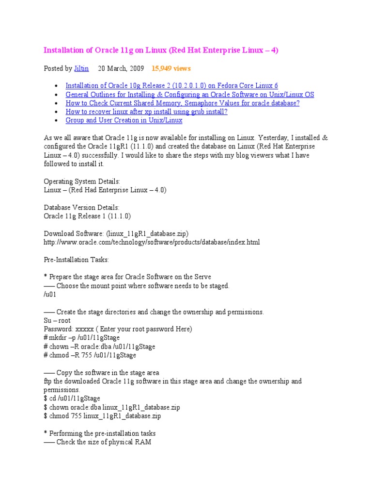 Installation of Oracle 11g On Linux | PDF