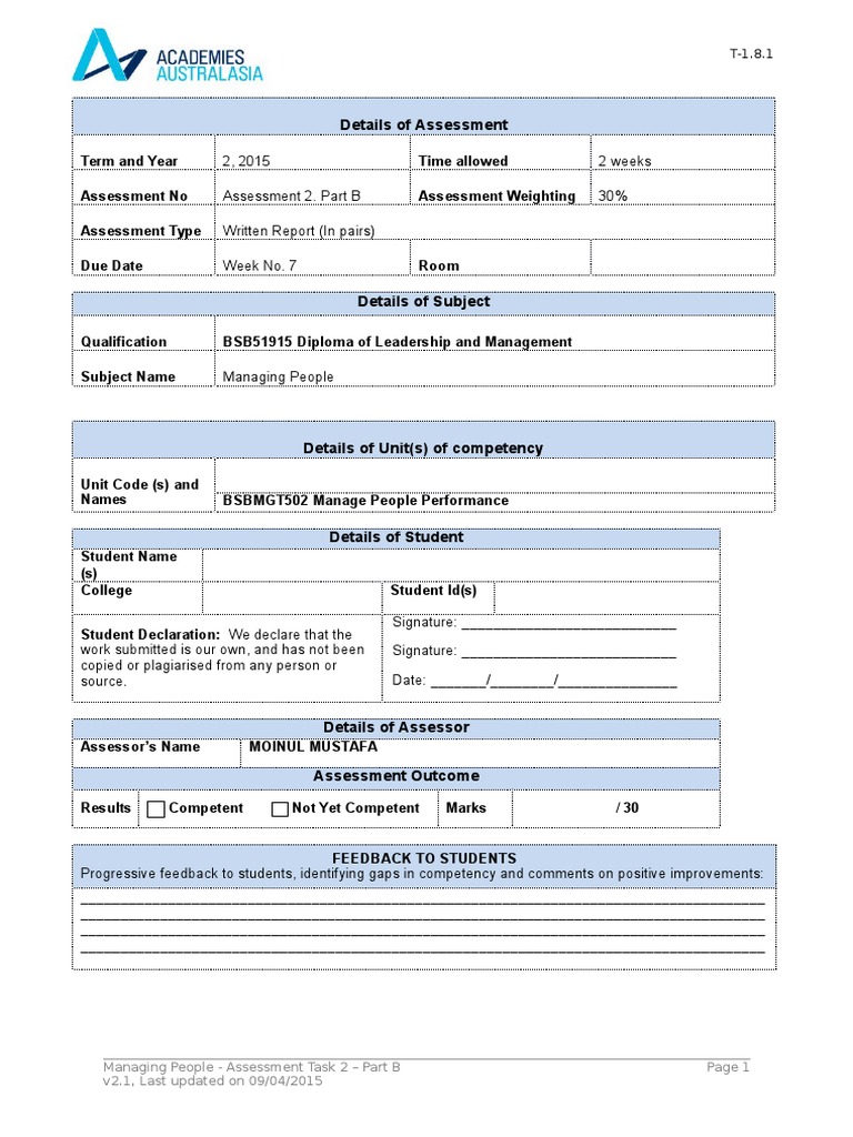 Managing People Assessment Task 2 Report | PDF | Educational Assessment ...
