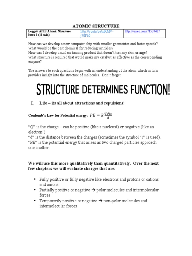 AP Chemistry Ch. 2 Notes - Leggett | Download Free PDF | Atoms | Electron