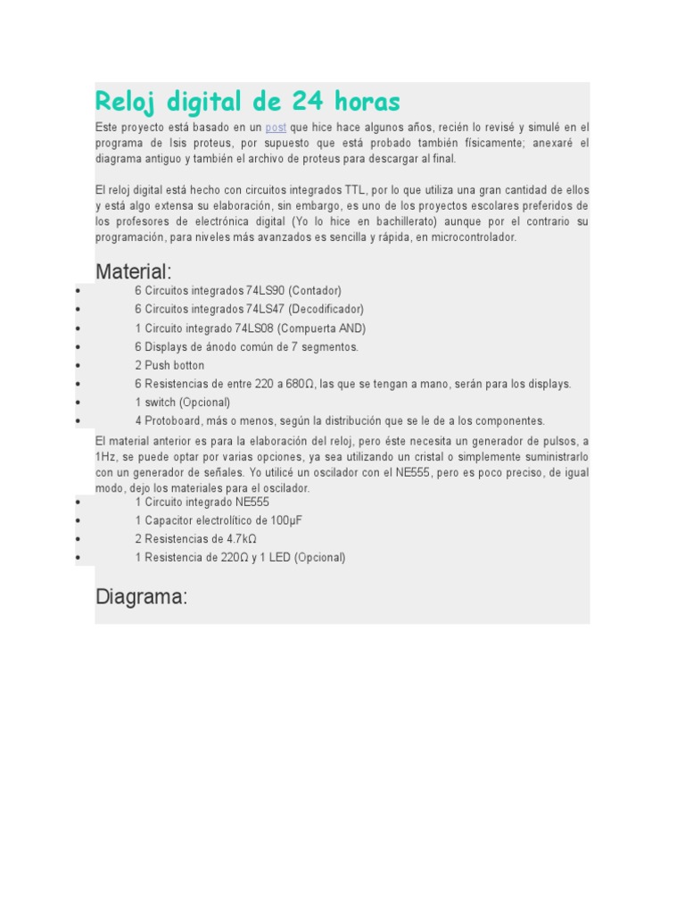 Reloj Digital de 24 Horas | PDF | Reloj | Circuito integrado