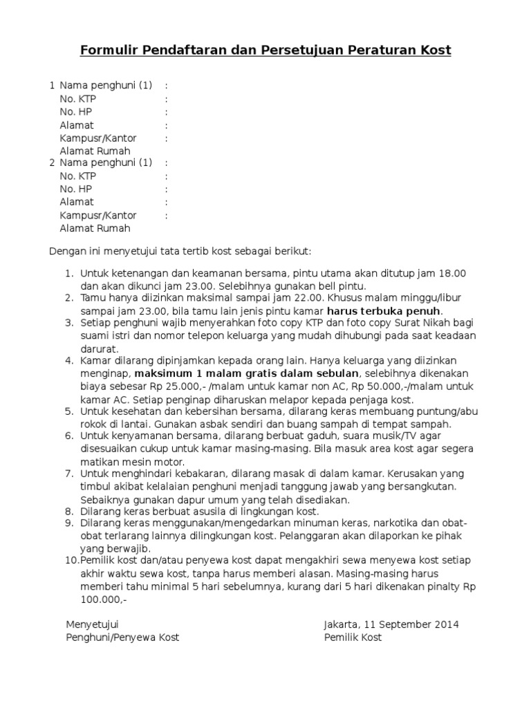 Contoh Formulir Pendaftaran Dan Persetujuan Peraturan Kost | PDF