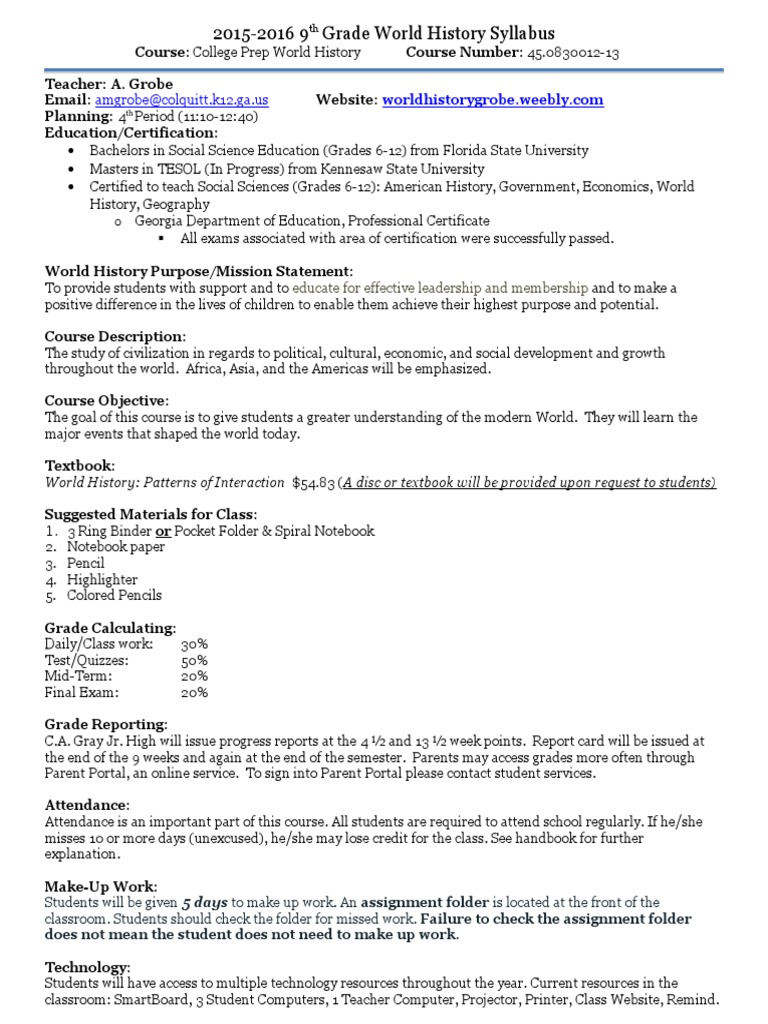 9th Grade World History Syllabus 2015-2016 | PDF | Computer Security ...