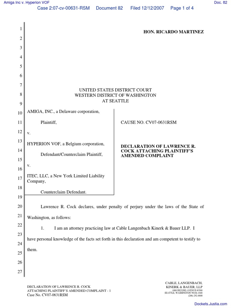 Amiga Inc v. Hyperion VOF - Document No. 82 | PDF | Complaint | Common Law