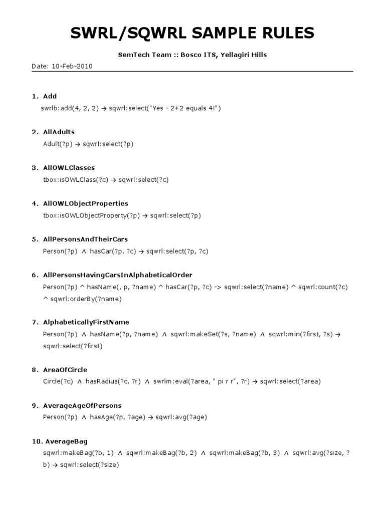 SWRL/SQWRL Rules for Developers | PDF