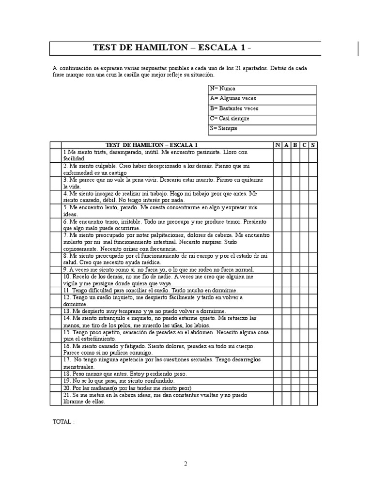 Test de Hamilton: Evaluación de Depresión y Ansiedad | PDF | Depresión ...