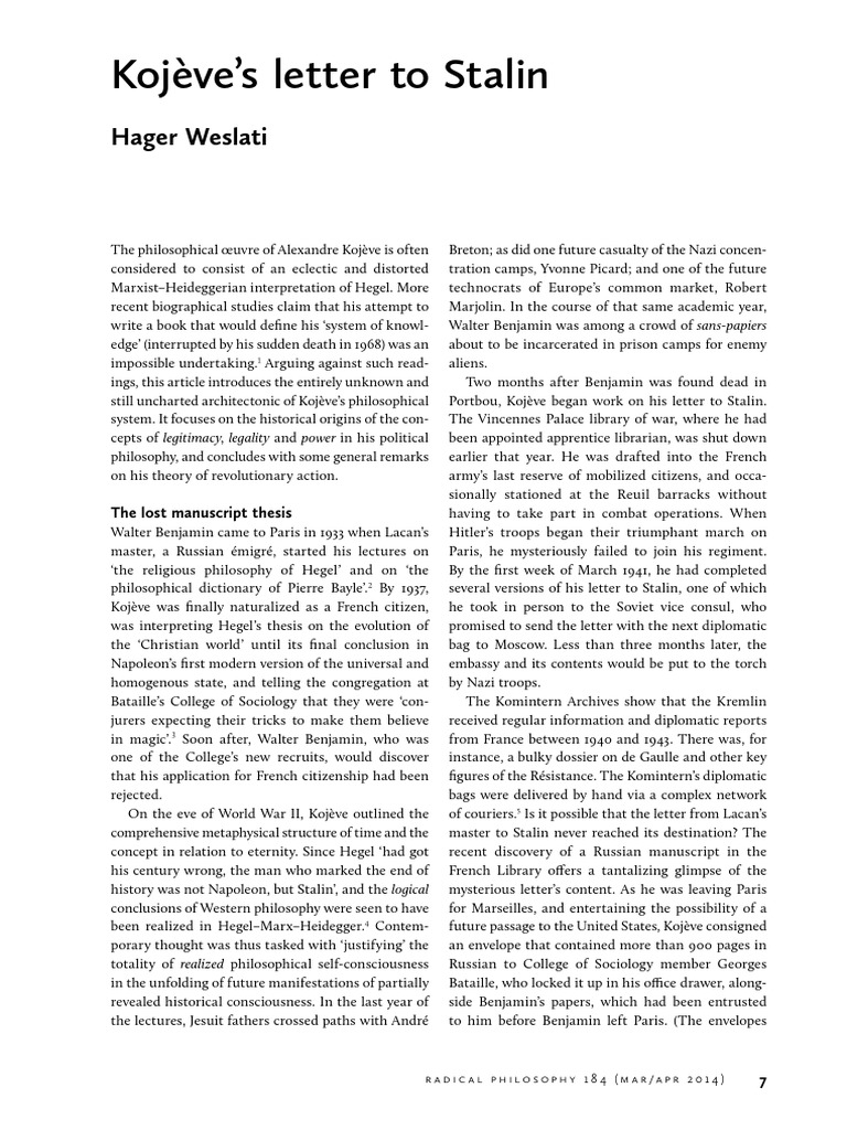 Kojève’s letter to Stalin | Georg Wilhelm Friedrich Hegel ...