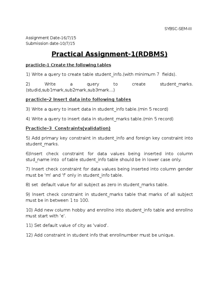 Practical Assignment-1 (RDBMS) : Practicle-2 Insert Data Into Following ...
