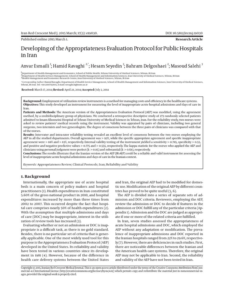 Developing of The Appropriateness Evaluation Protocol For Public Hospitals in Iran | PDF ...