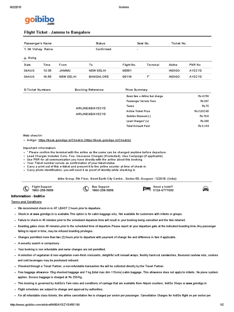 Flight Ticket Jammu To Bangalore: Information Indigo | PDF | Ticket ...