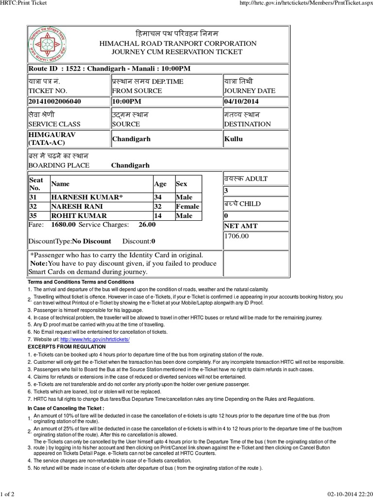 HRTC Print Ticket | Download Free PDF | Ticket (Admission) | Service ...