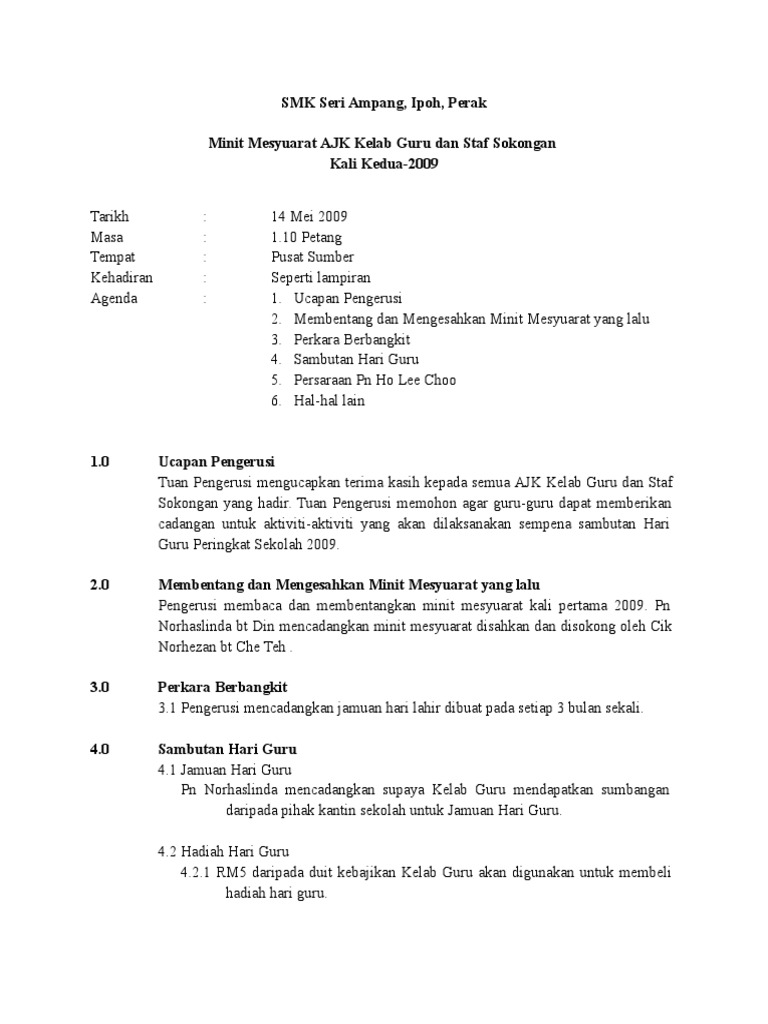 Contoh Minit Mesyuarat Kelab Guru SKBG | PDF