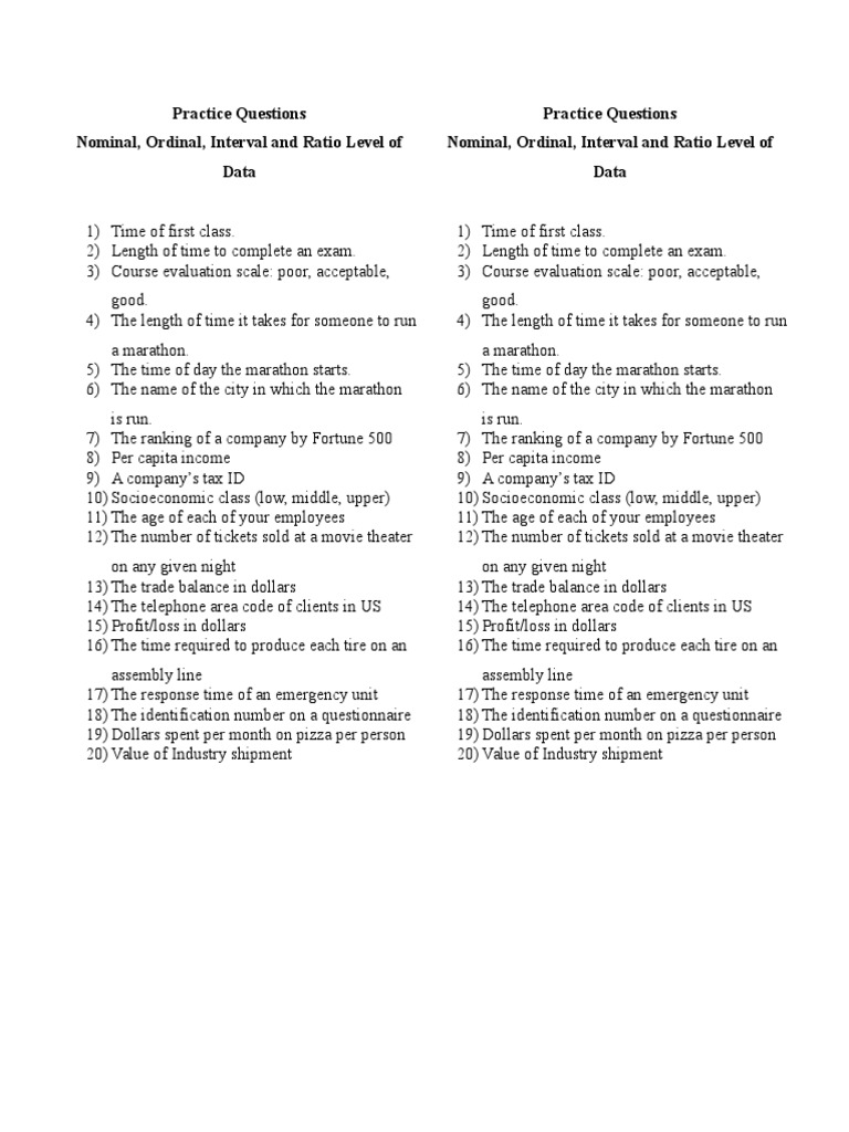 Practice Questions Nominal, Ordinal, Interval and Ratio Level of Data ...
