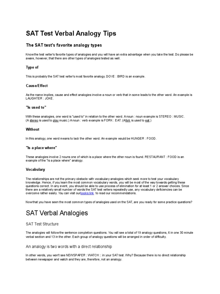 SAT Test Verbal Analogy Tips | PDF | Graduate Record Examinations | Sat