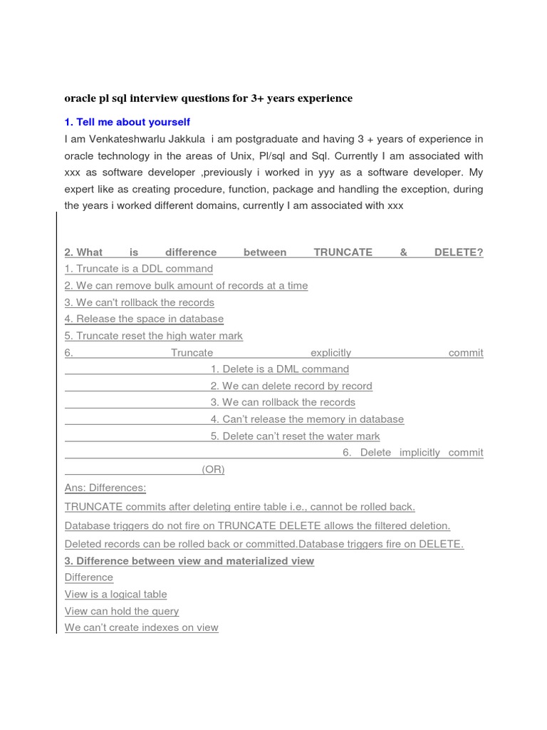Oracle PL SQL Interview Questions For 3 Years Exp | PDF | Pl/Sql | Database Transaction