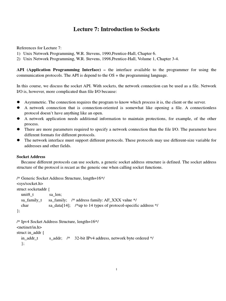 Introduction To Sockets Lecture Pdf Port Computer Networking Network Socket
