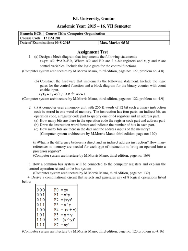 KL University Computer Organization Assignment | PDF | Instruction Set | Bit