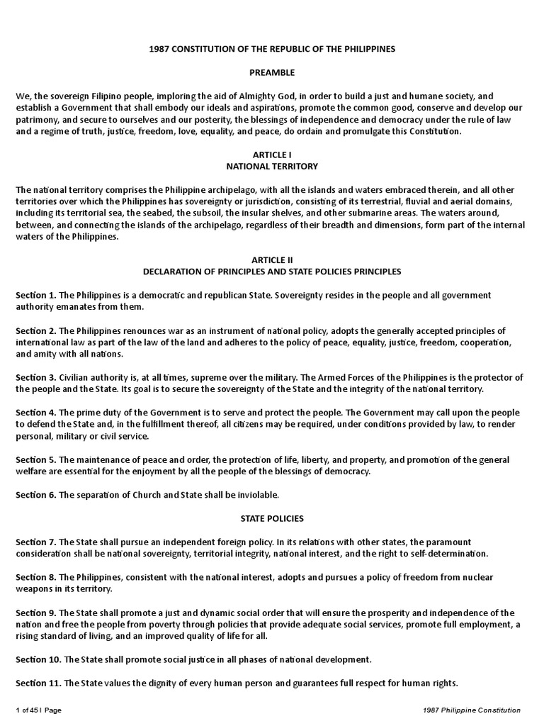 1987 Philippine Constitution | PDF | President Of The Philippines ...