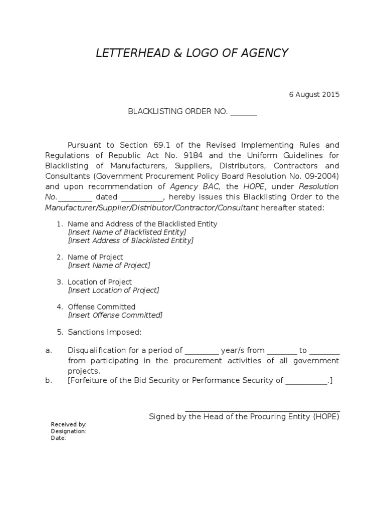 Blacklisting Order Template for Contractors | PDF