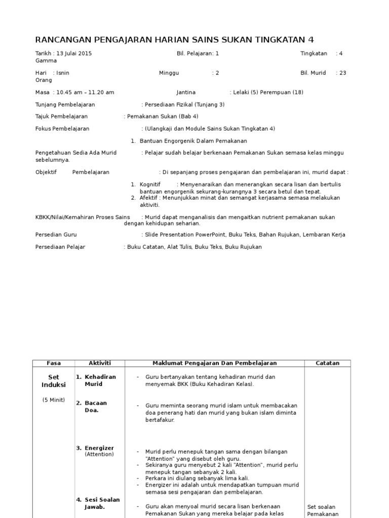 RPH Sains Sukan (Pemakanan Sukan) | PDF